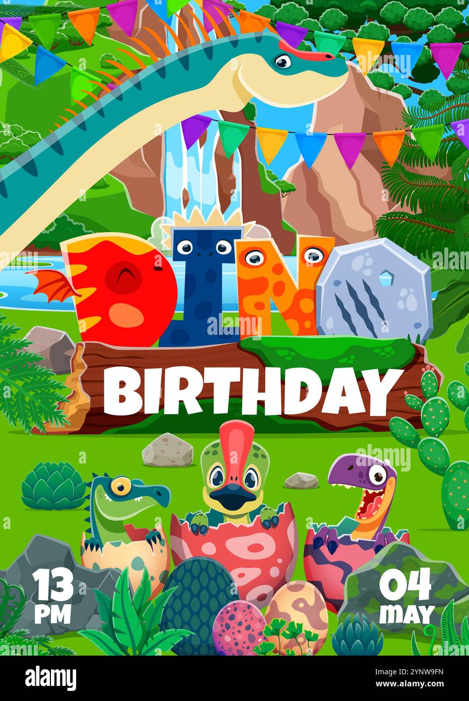 Kids birthday dino party flyer with cartoon funny prehistoric dinosaur ...