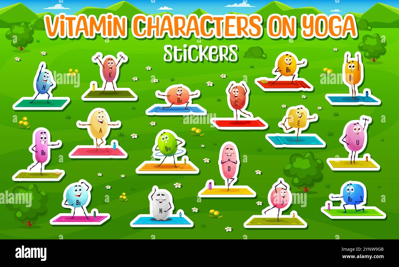 Stickers pack of vitamin characters on yoga fitness. B1, N, E minerals ...