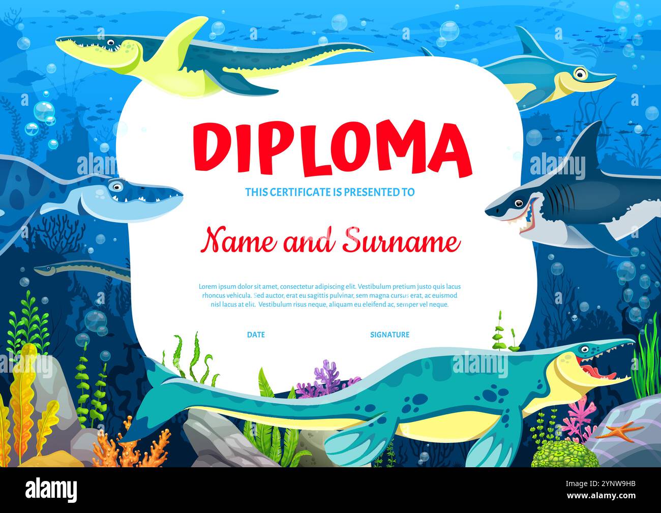 Kids diploma with underwater prehistoric dinosaurs characters in ...