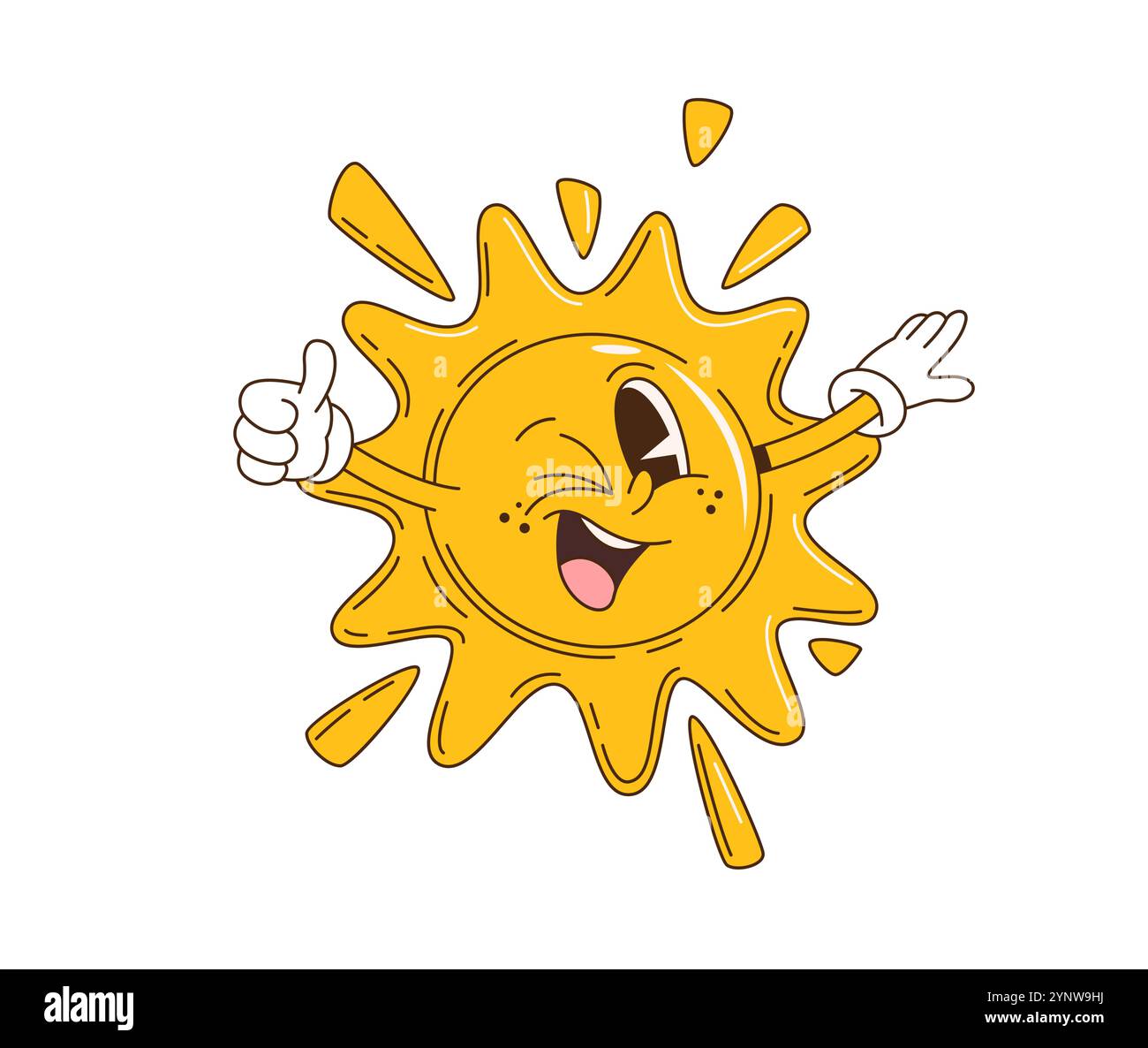 Cartoon retro groovy sun character with thumb up and funny face, vector ...