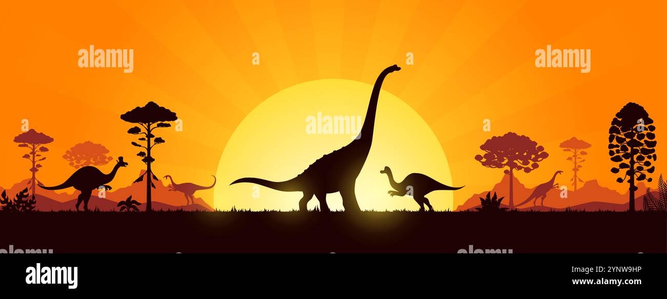 Jurassic era landscape with dinosaur silhouettes in sunset forest ...