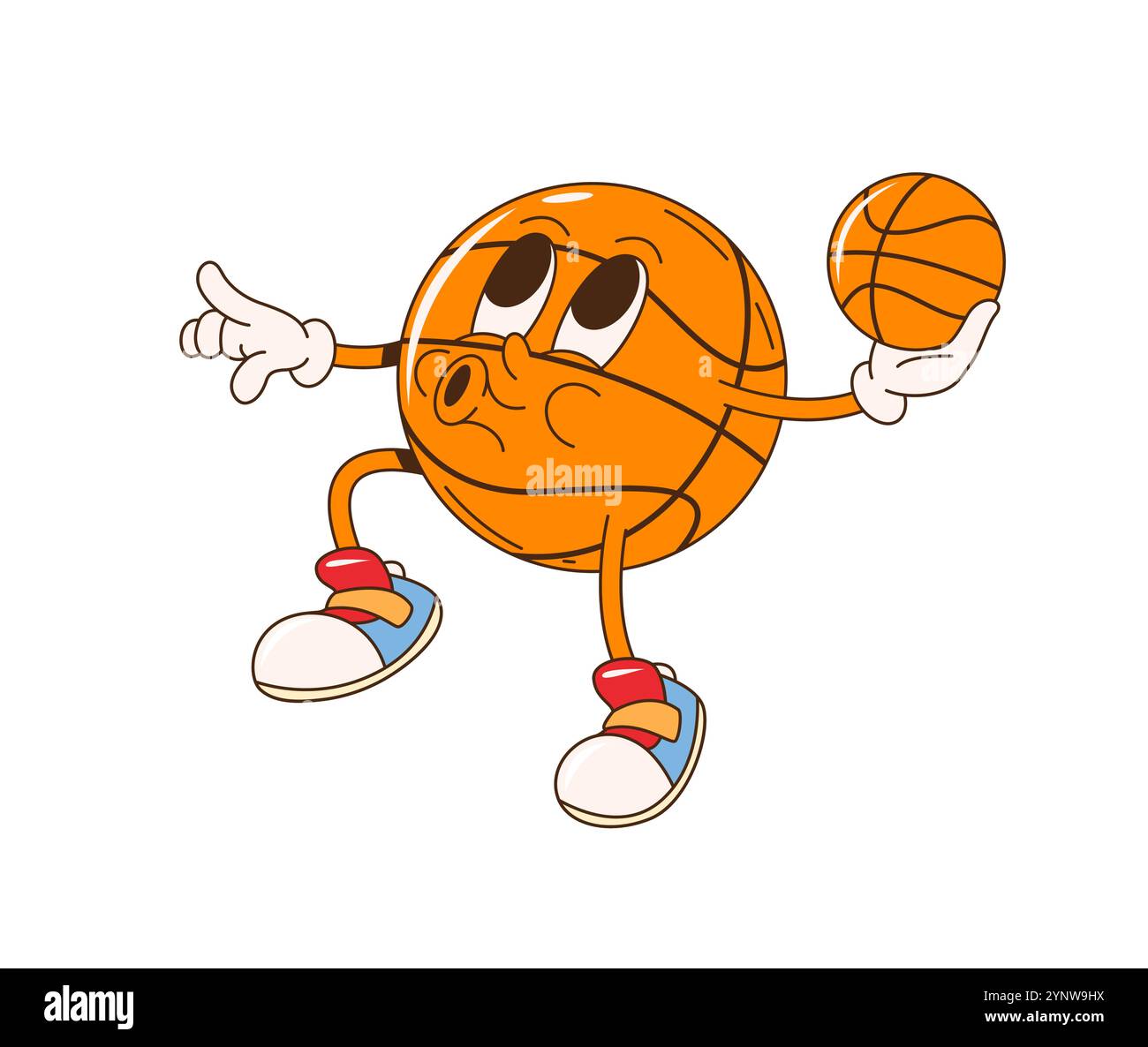 Cartoon retro groovy basketball ball character holding a smaller ...