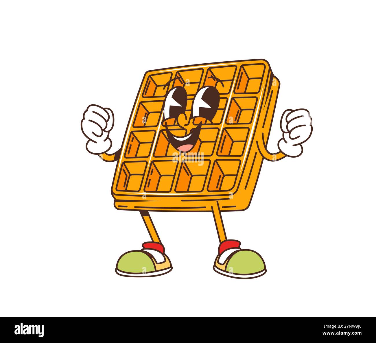 Groovy retro cartoon Belgian waffle character with happy face and funny ...
