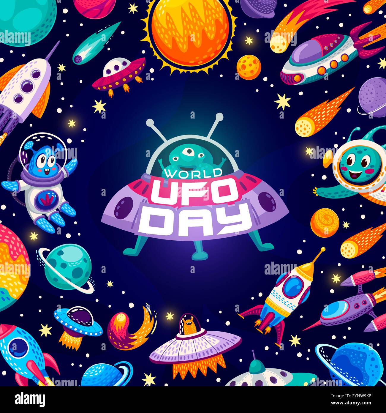 World UFO Day banner with alien characters, spaceships, planets and ...
