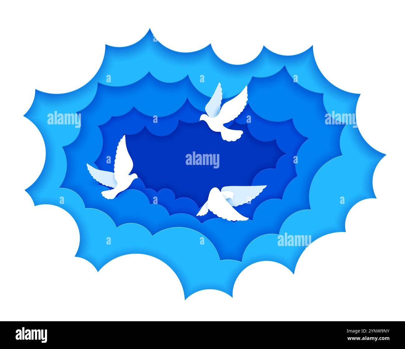 White pigeon dove paper cut birds in clouds. World Peace Day, freedom ...