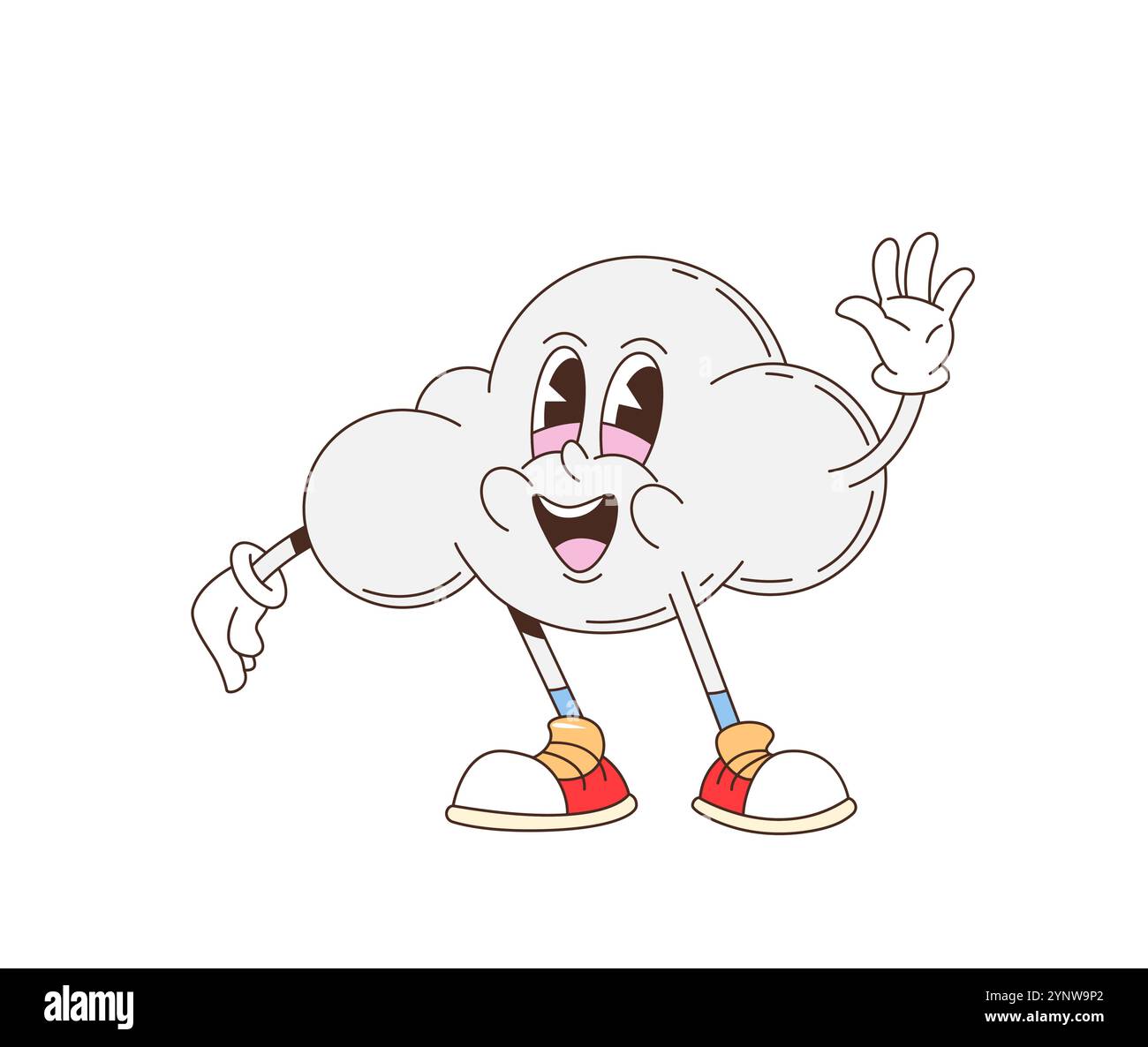 Cartoon retro groovy cloud character with funny funky face for emoji ...