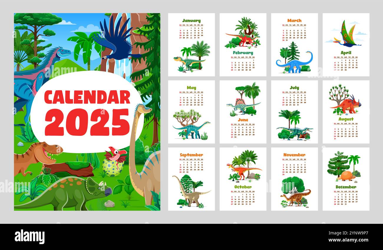 2025 year calendar with prehistoric dinosaur characters, vector ...