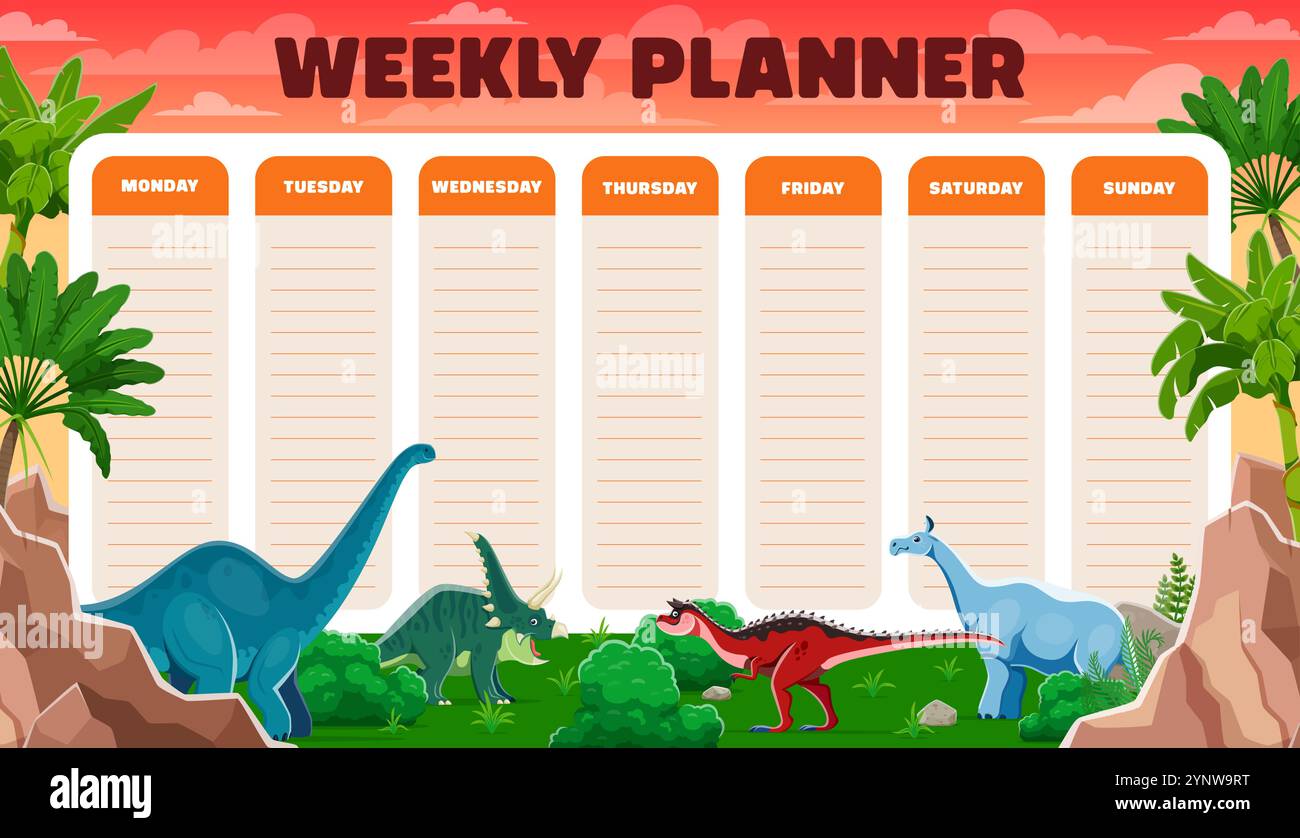 Weekly planner schedule, cartoon funny prehistoric dinosaurs in jungle ...