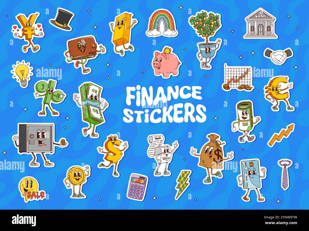 Cartoon groovy finance stickers of vector money characters. Cute ...