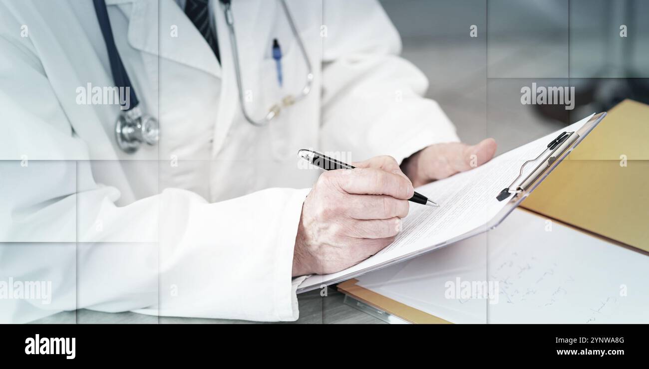 Doctor taking notes on clipboard in medical office, geometric pattern ...