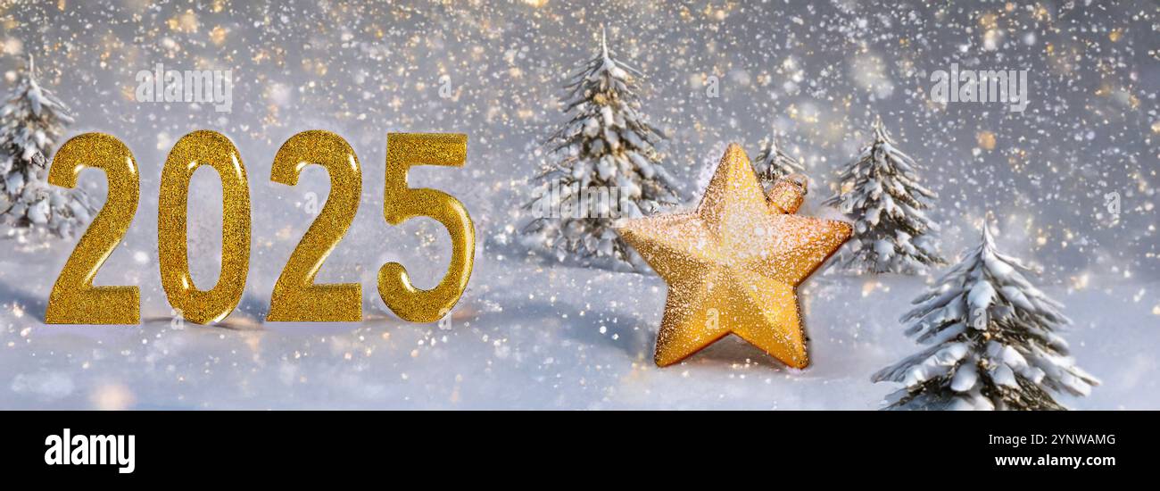 golden numbers for new year 2025 on fir forest background covered with ...