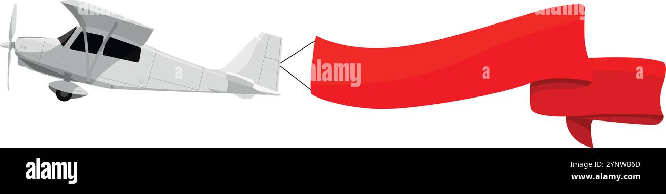 A red banner is tied to the wing of a small white airplane Stock Vector ...