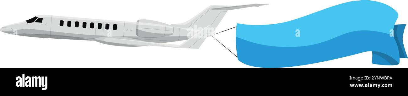 A white airplane is flying through the sky with a blue ribbon attached ...