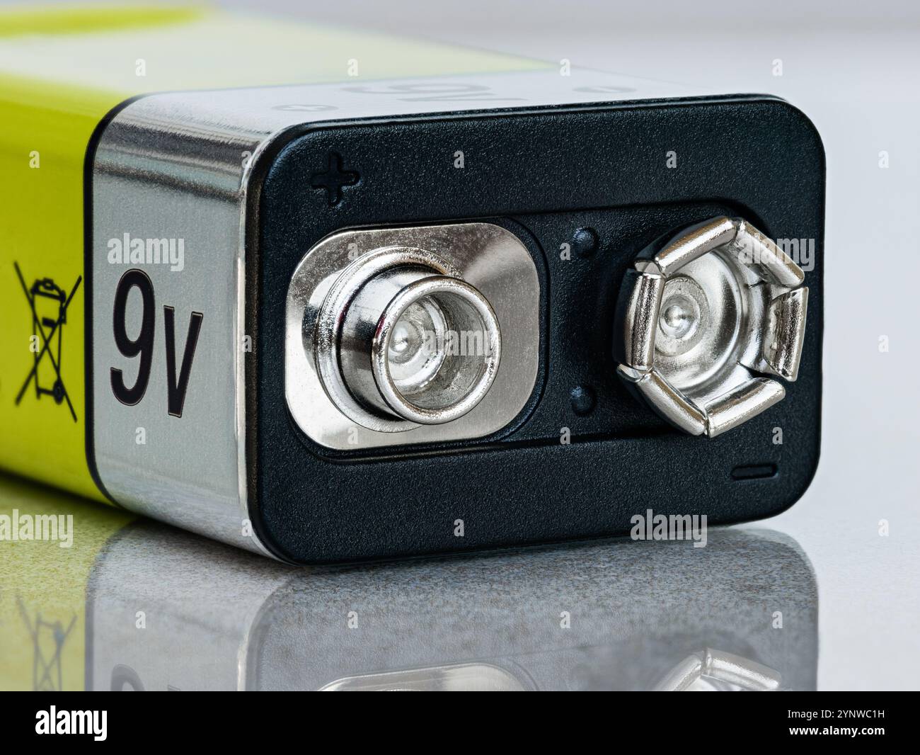 Carbon-zinc (salt) battery 9V type 6F22/9V with reflection Stock Photo ...