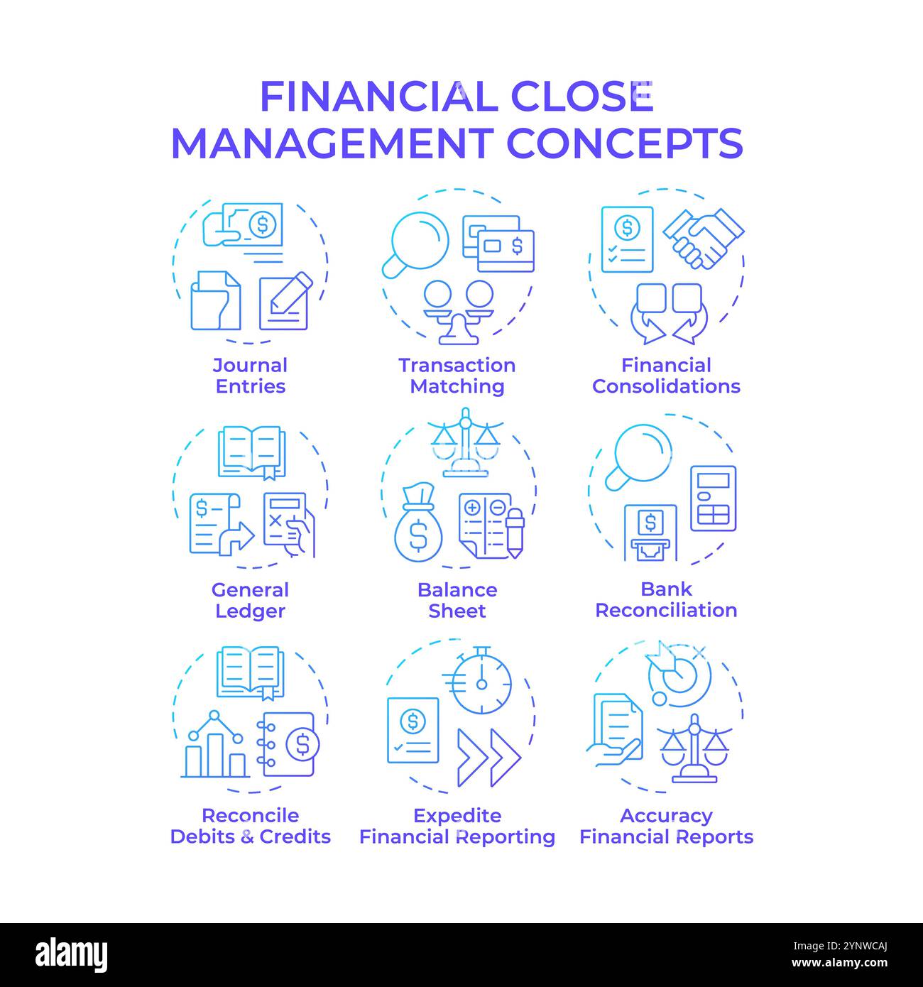 Financial close management blue gradient concept icons Stock Vector ...