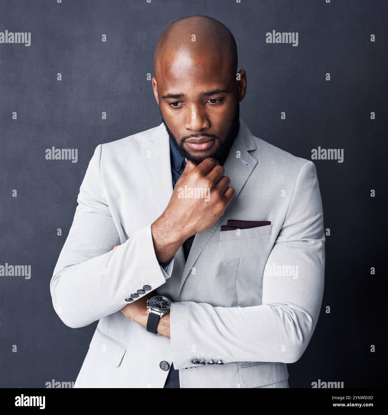 Thinking, professional and business black man in studio for insights ...