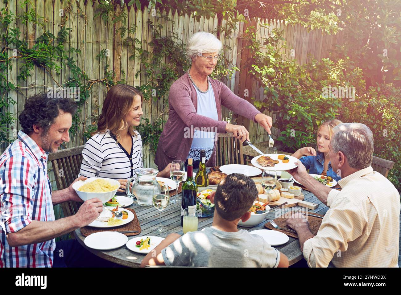 Thanksgiving, celebration and big family with lunch, share together and ...