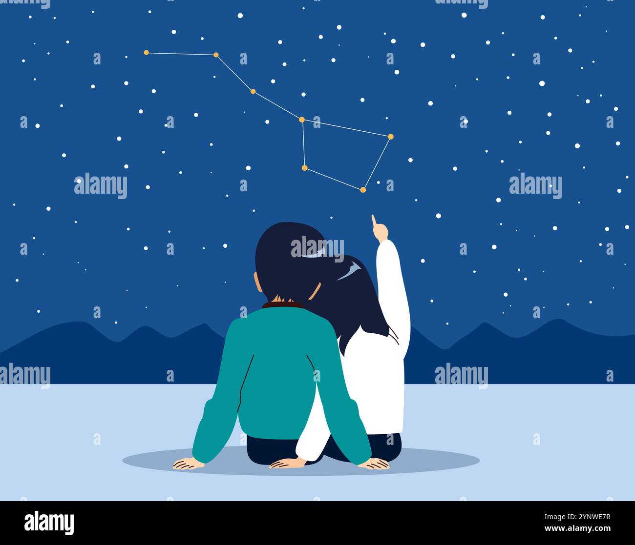 Couple stargazing big dipper vector illustration. Back view man and ...