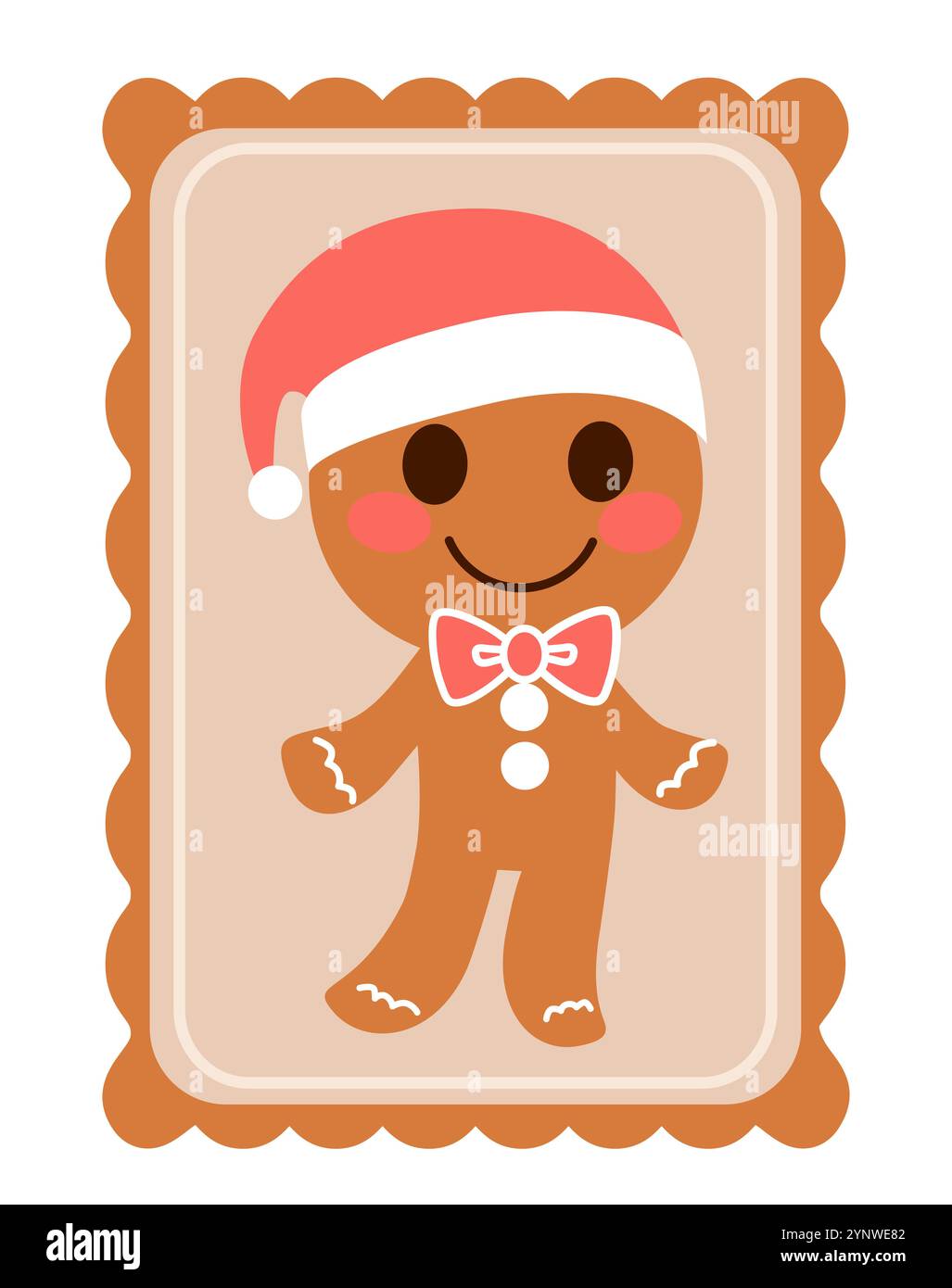 Cute gingerbread man with Santa hat on a stamp vector illustration ...