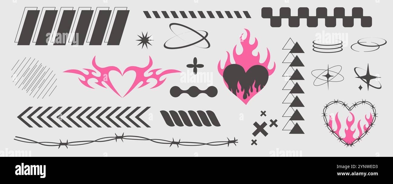 Y2k geometric elements border set, heart with flame, barbed wire, grid ...