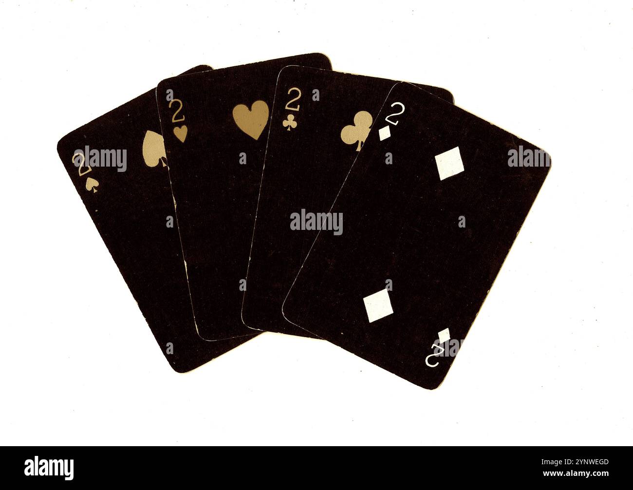 Vintage playing cards in gold and black showing four twos on a white ...