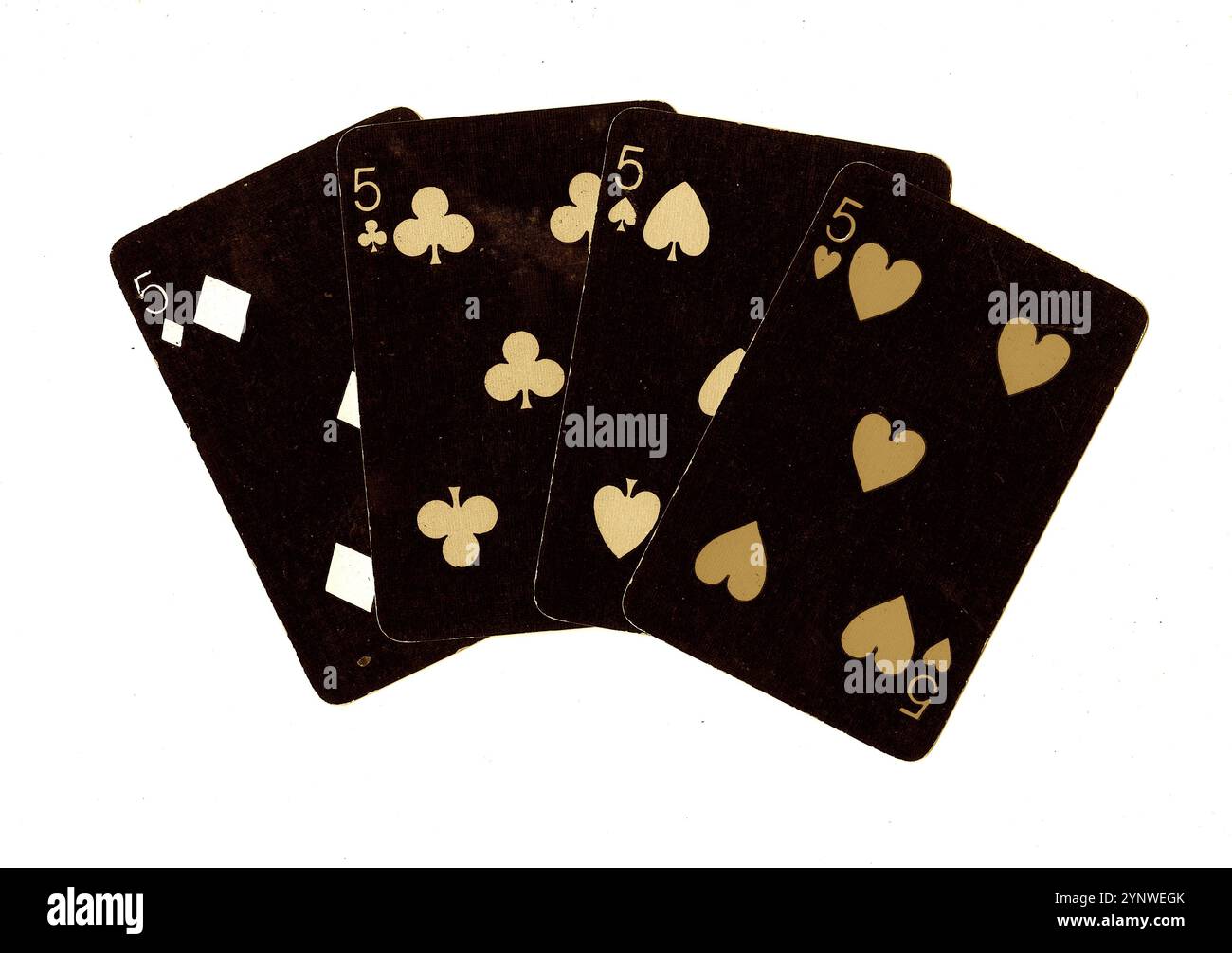 Vintage playing cards in gold and black showing four fives on a white ...