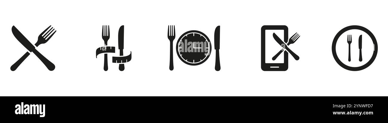 Diet and Meal Management Silhouette Icon Set, Featuring Cutlery, Time ...