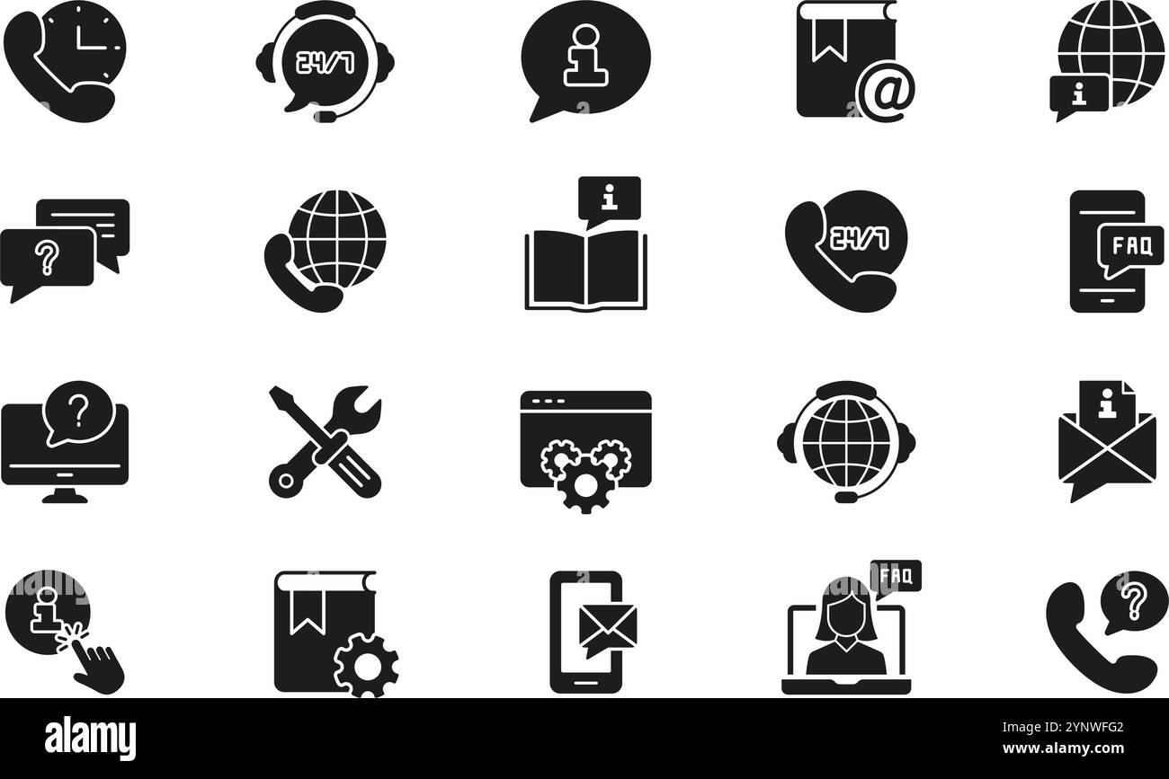 Customer Support Services Silhouette Icon Set. Global Communication and ...