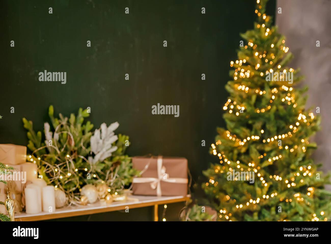 Beautiful holdiay decorated room with Christmas tree with presents ...