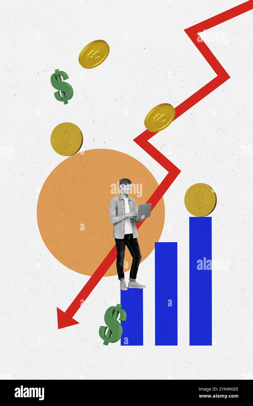Vertical photo collage of freelancer man type laptop arrow decline ...