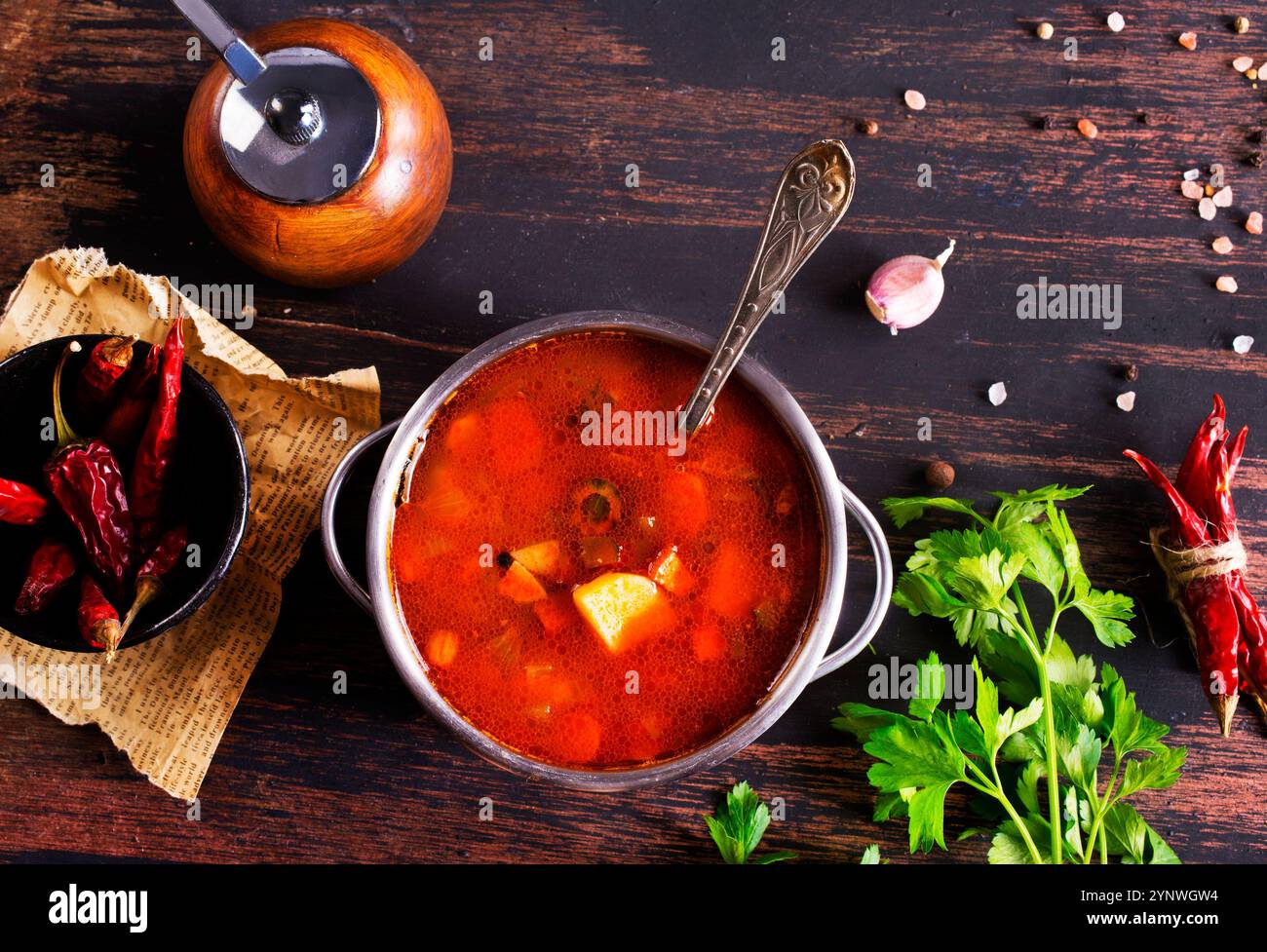 Meat solyanka soup with sausages, olives and vegetables Stock Photo - Alamy
