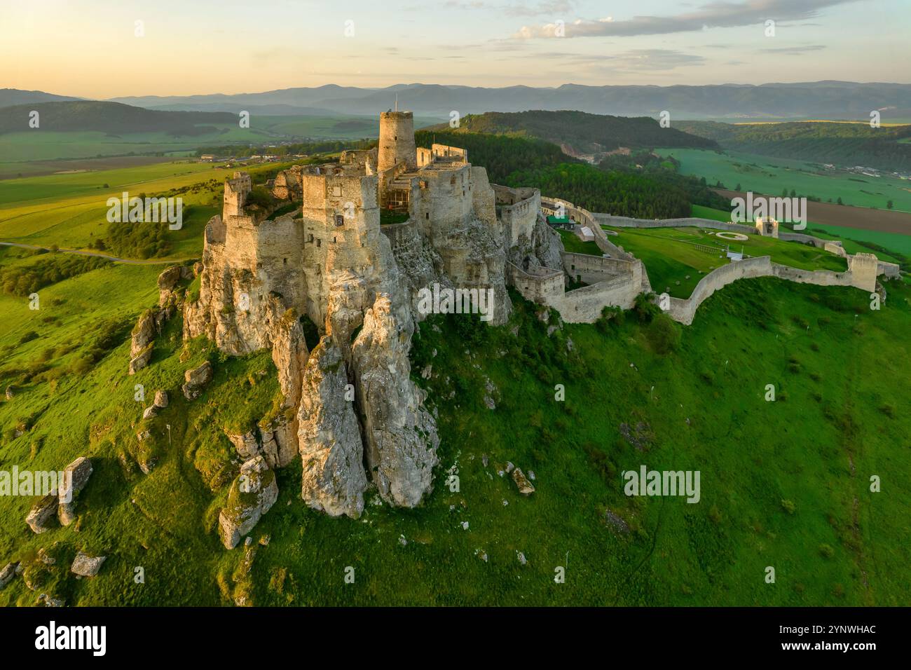 Aerial view of the Spis castle at sunrise, Unesco World Heritage Site ...