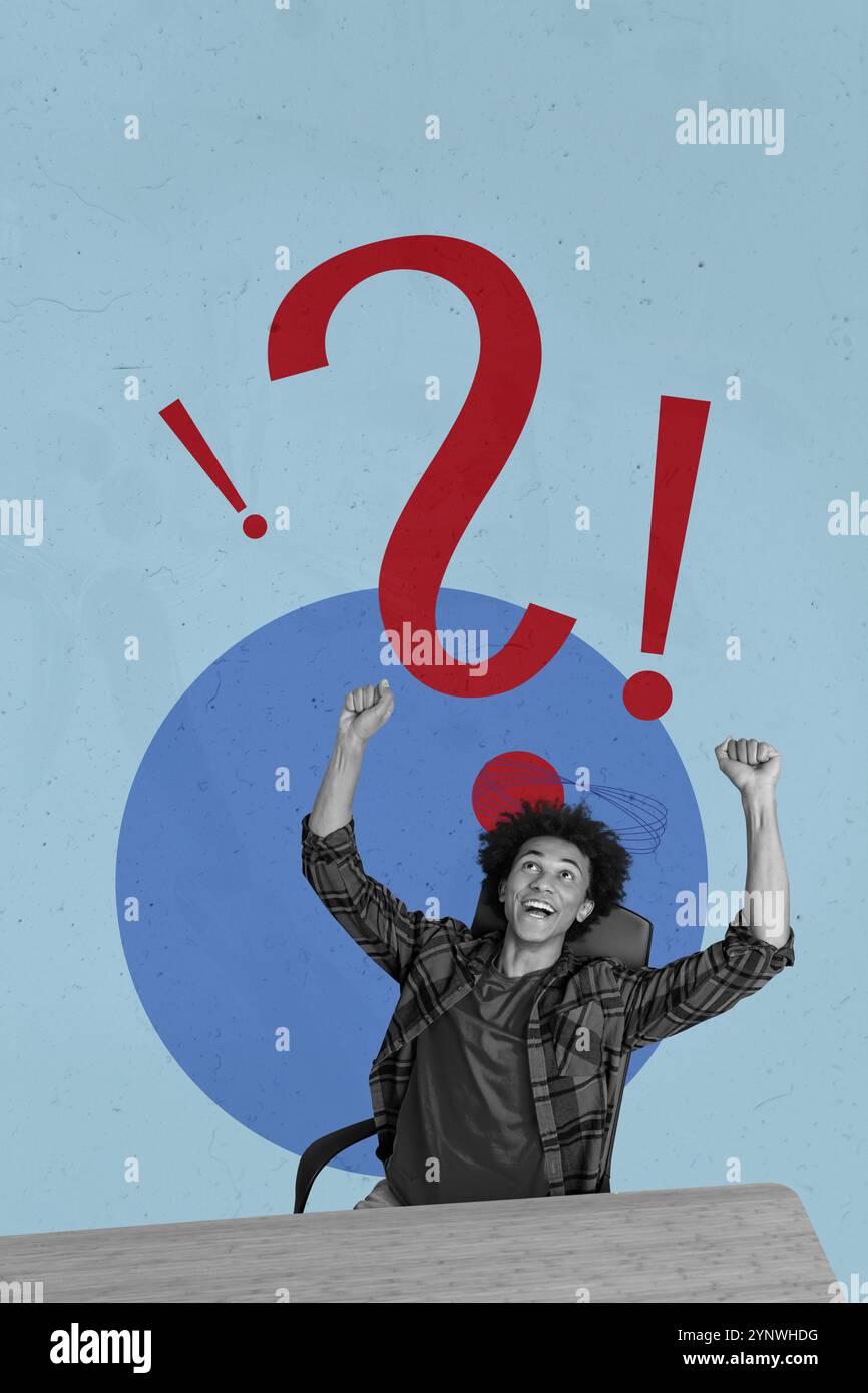 Vertical collage picture young man question mark think unsure doubts ...