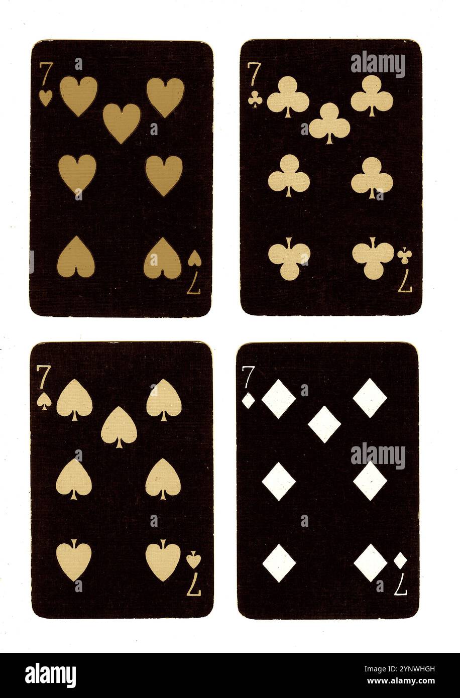 Vintage playing cards in gold and black showing four sevens on a white ...