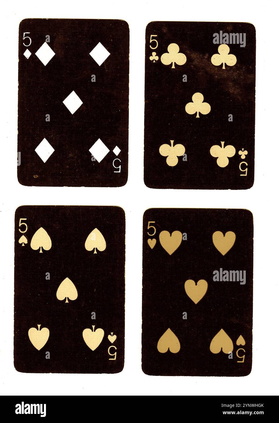 Vintage playing cards in gold and black showing four fives on a white ...