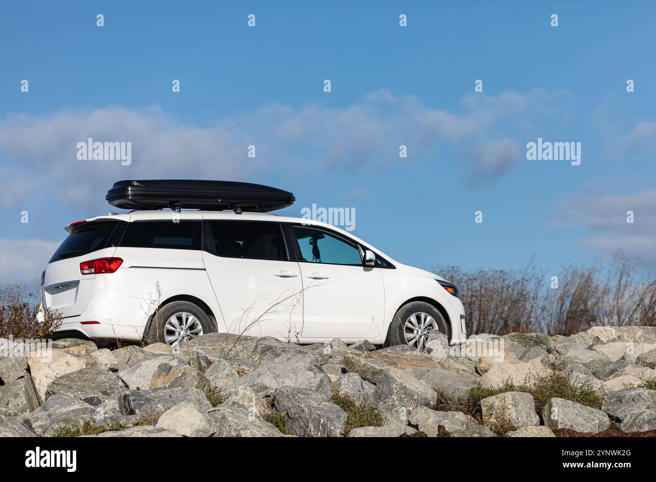 Car with the roof rack with cargo box. Black rooftop or roof carrier ...