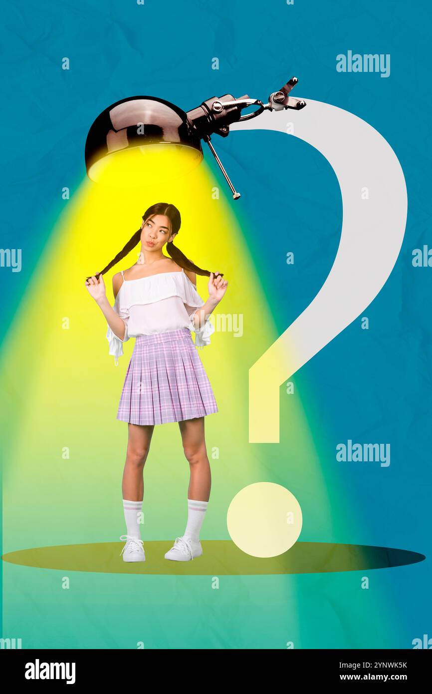 Creative trend collage of curious confused young female lamp light ...