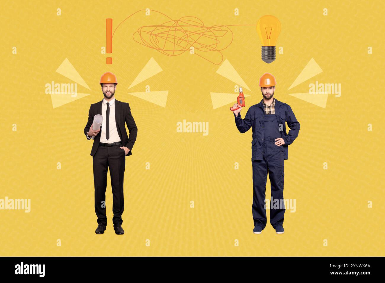 Collage image of pinup pop retro sketch of entrepreneur builder foreman ...