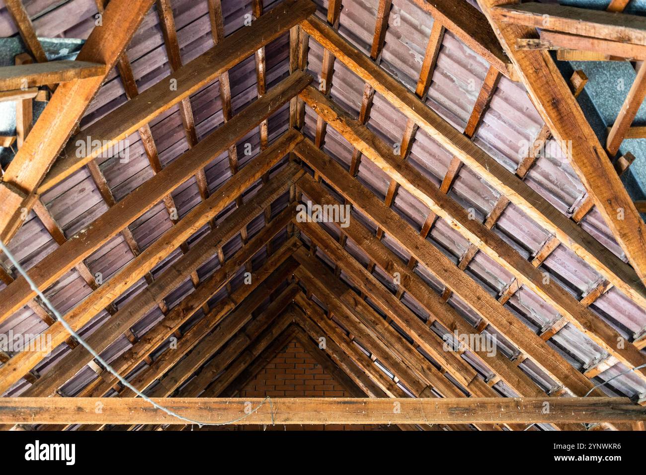 inside view of wooden rafters supporting roof tiles in attic of country ...