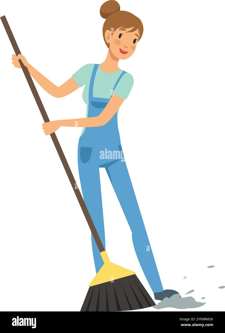 A woman is sweeping the floor with a broom. She is wearing blue ...