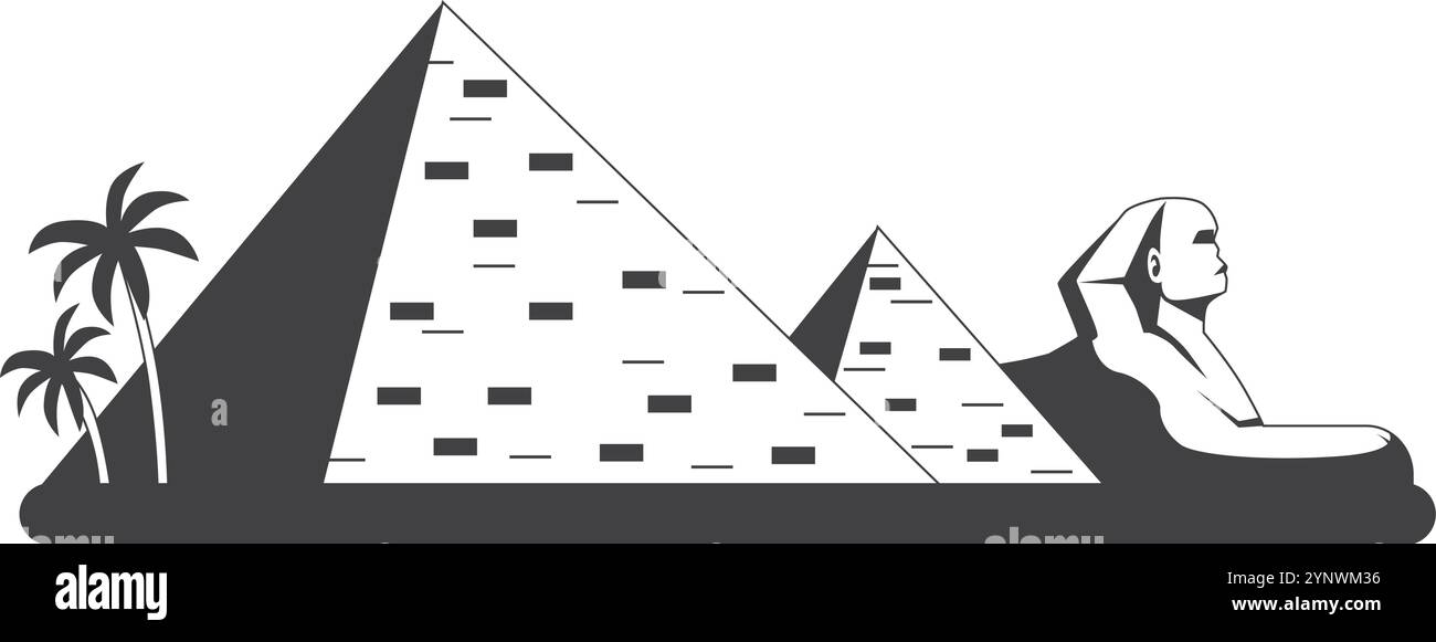 A black and white drawing of the pyramids of Egypt with a man sitting ...