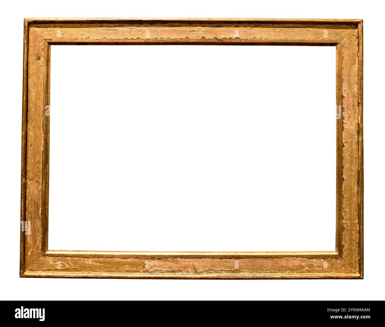 used golden wooden painting frame isolated on white background with ...