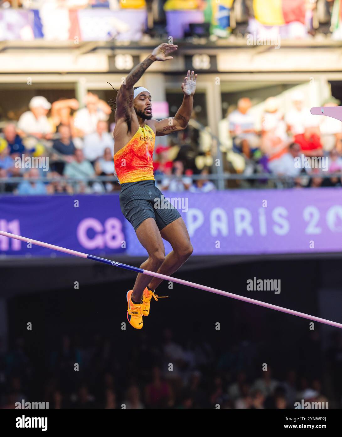 Bo Kanda Lita Baehre participating in the pole vault at the Paris 2024 ...