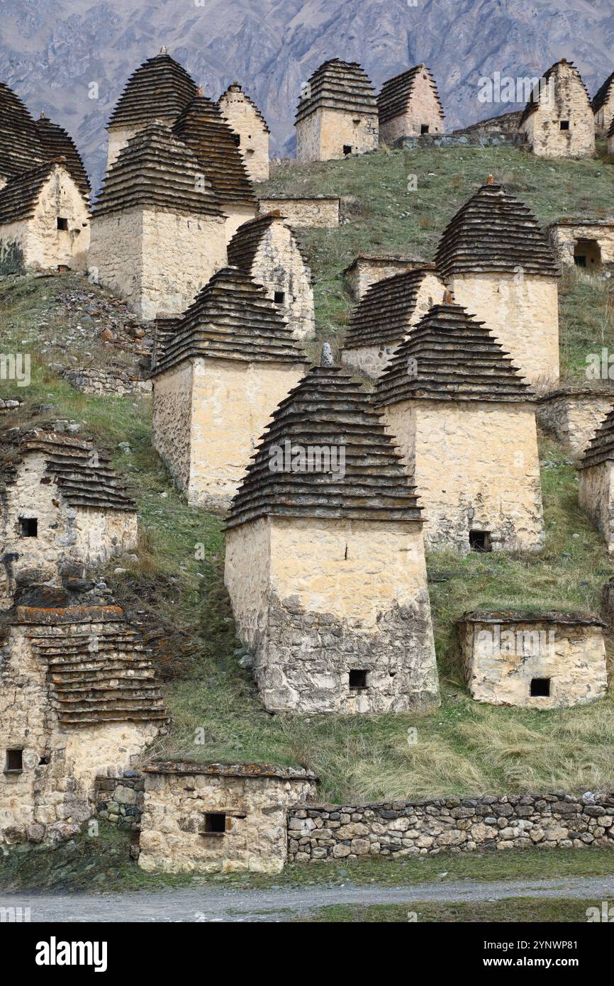 Ancient Alanian necropolis outside the village of Dargavs, called "City ...