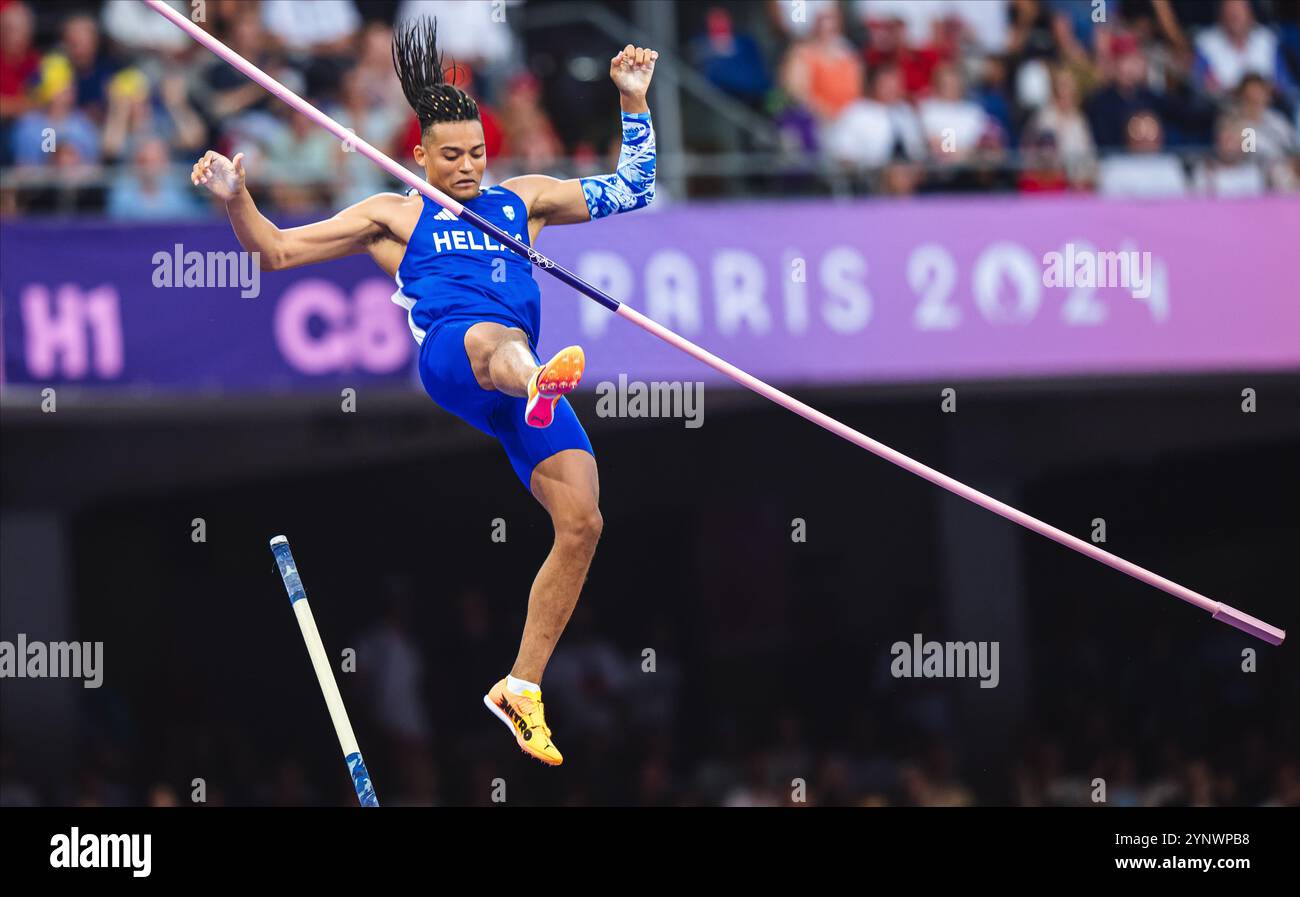 Emmanuíl Karalís participating in the pole vault at the Paris 2024 ...