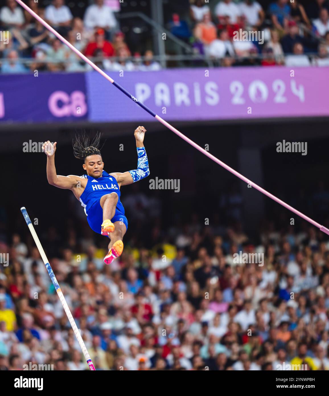 Emmanuíl Karalís participating in the pole vault at the Paris 2024 ...