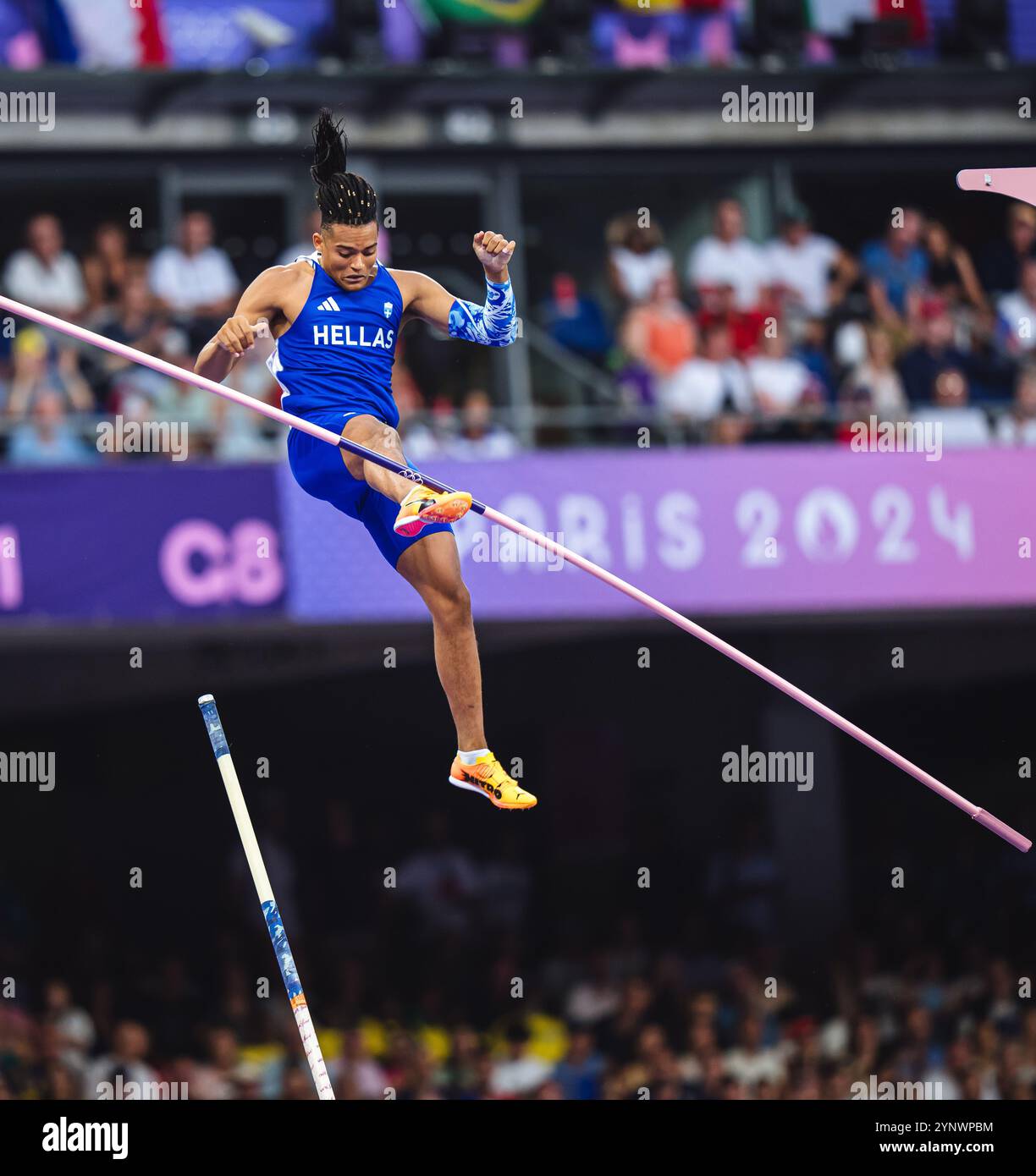 Emmanuíl Karalís participating in the pole vault at the Paris 2024 ...