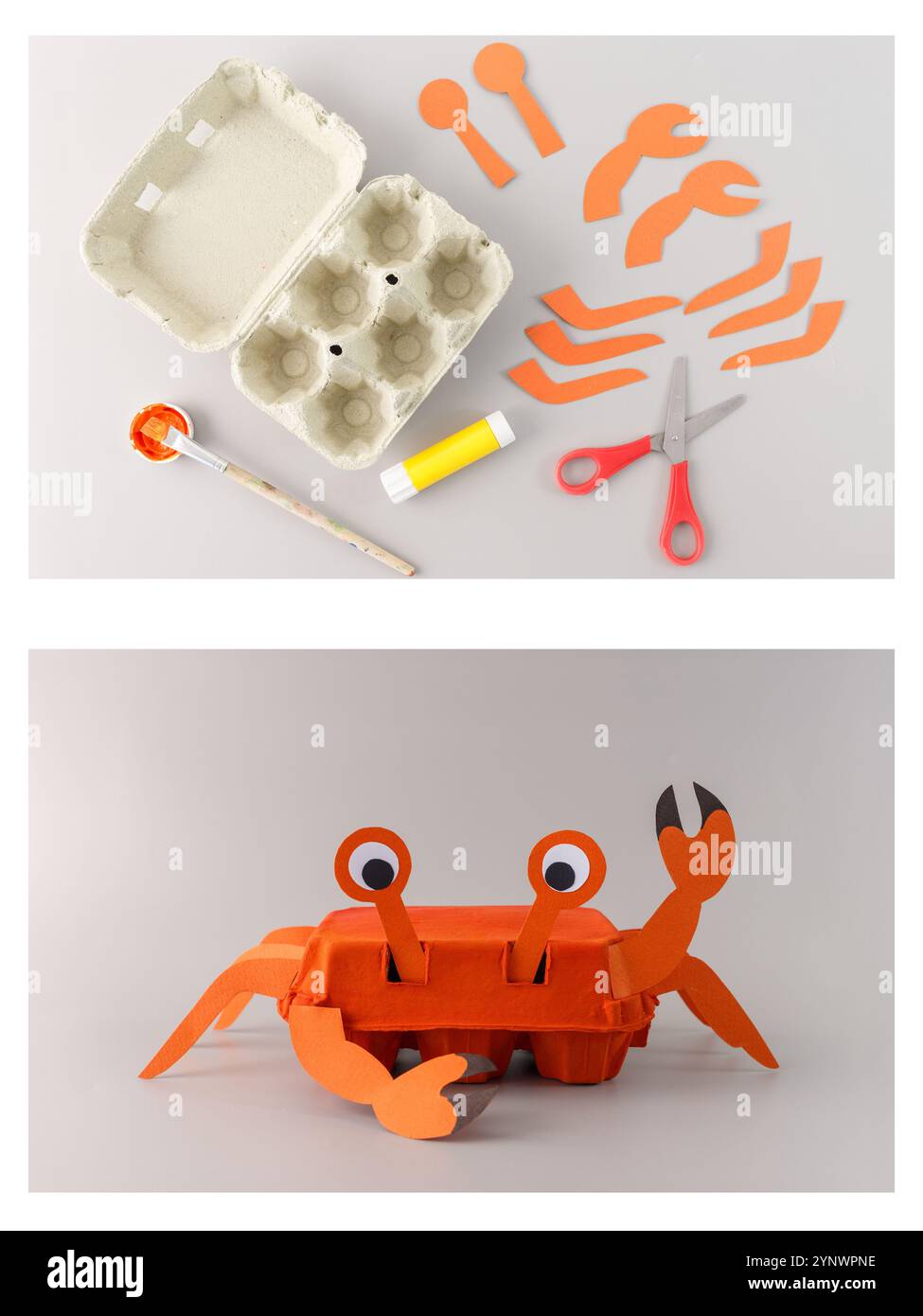 Step-by-step tutorial for making a crab craft from an egg carton and ...