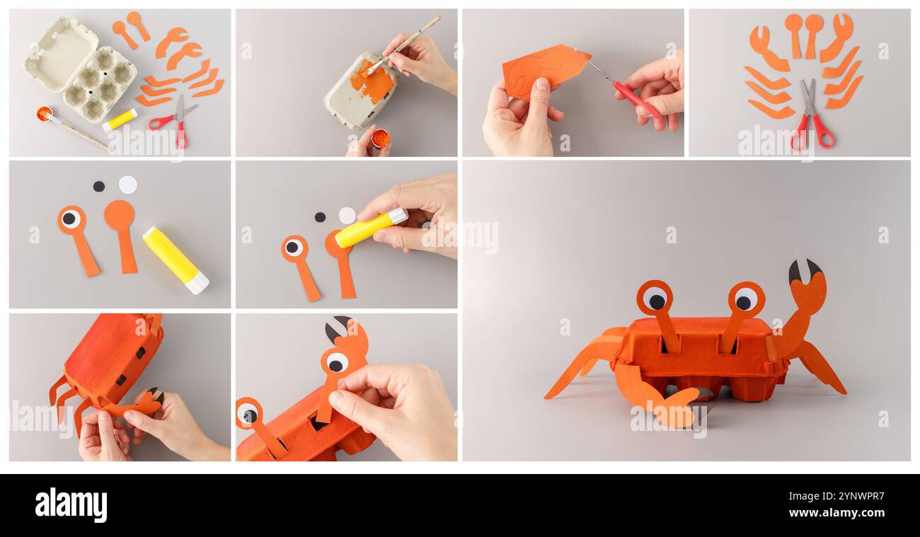DIY crab craft made from orange painted egg carton and paper cutouts ...