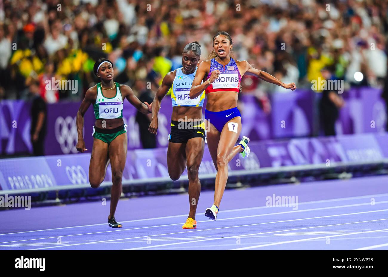 Gabrielle Thomas winning in the 200 meters relay at the Paris 2024 ...